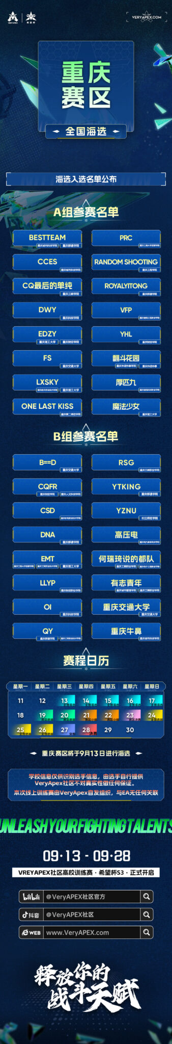 希望杯S3 重庆赛区名单如下： - VeryApex